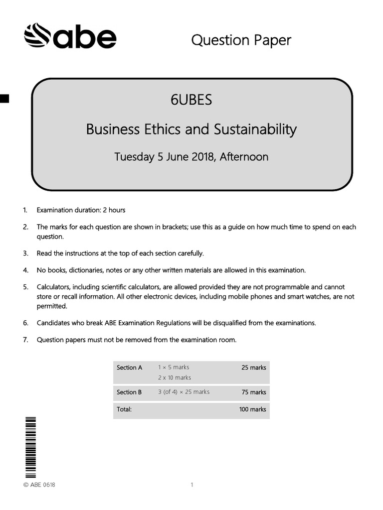 ABE Level 6 Business Ethics and Sustainability Question Paper June 2018 ...