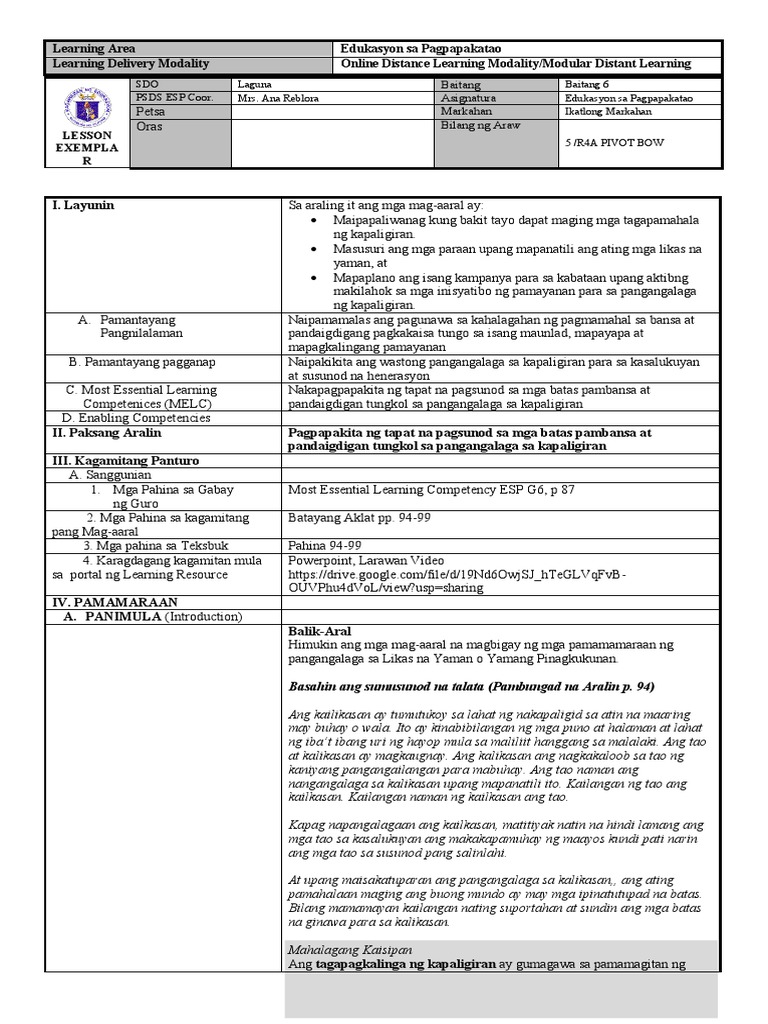 Lesson Exemplar EsP6 Q3 MELC 8 | PDF