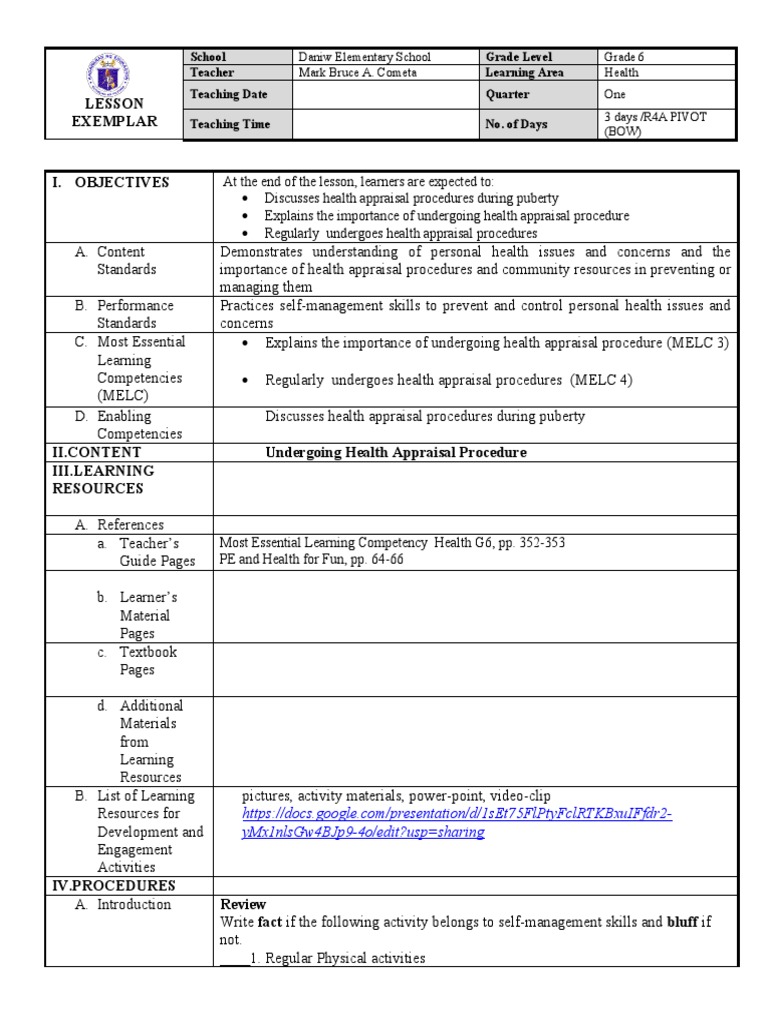 Lesson Exemplar: School Grade Level Teacher Learning Area Teaching Date ...
