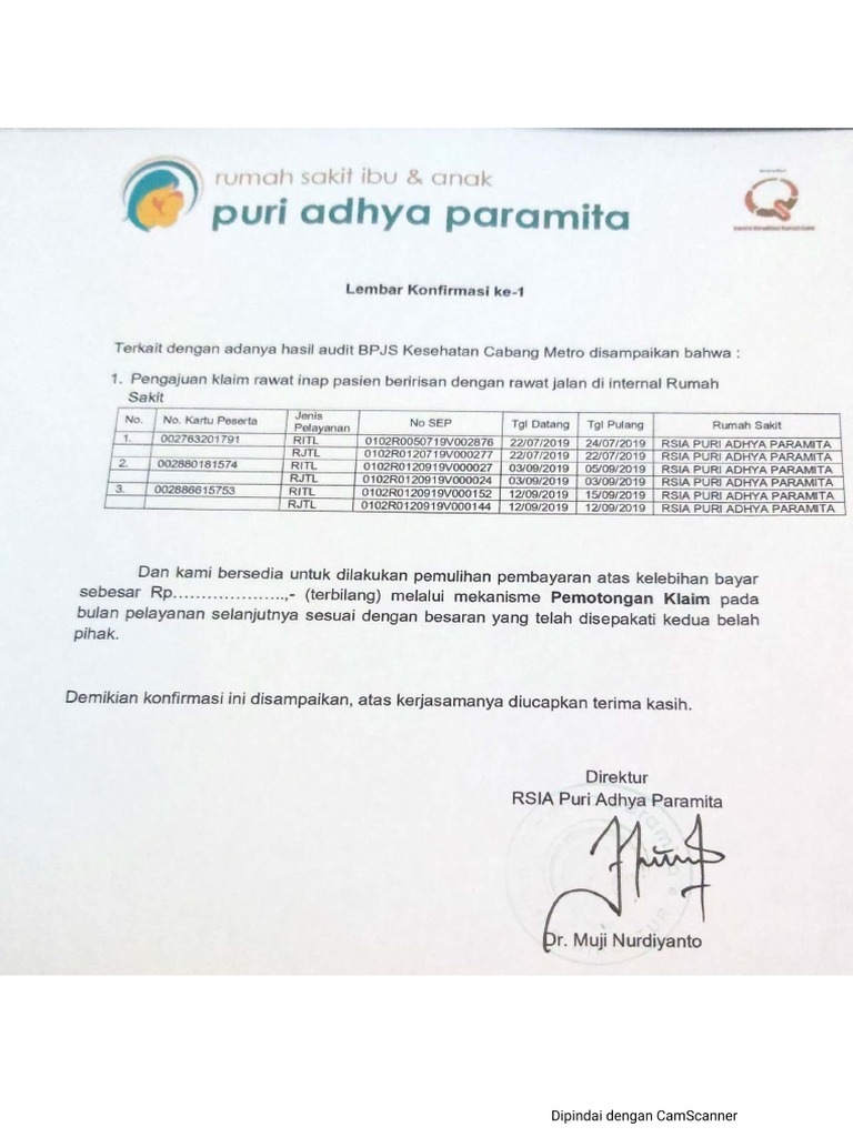 Konfirmasi Rsia Puri Adhya Paramita PDF | PDF
