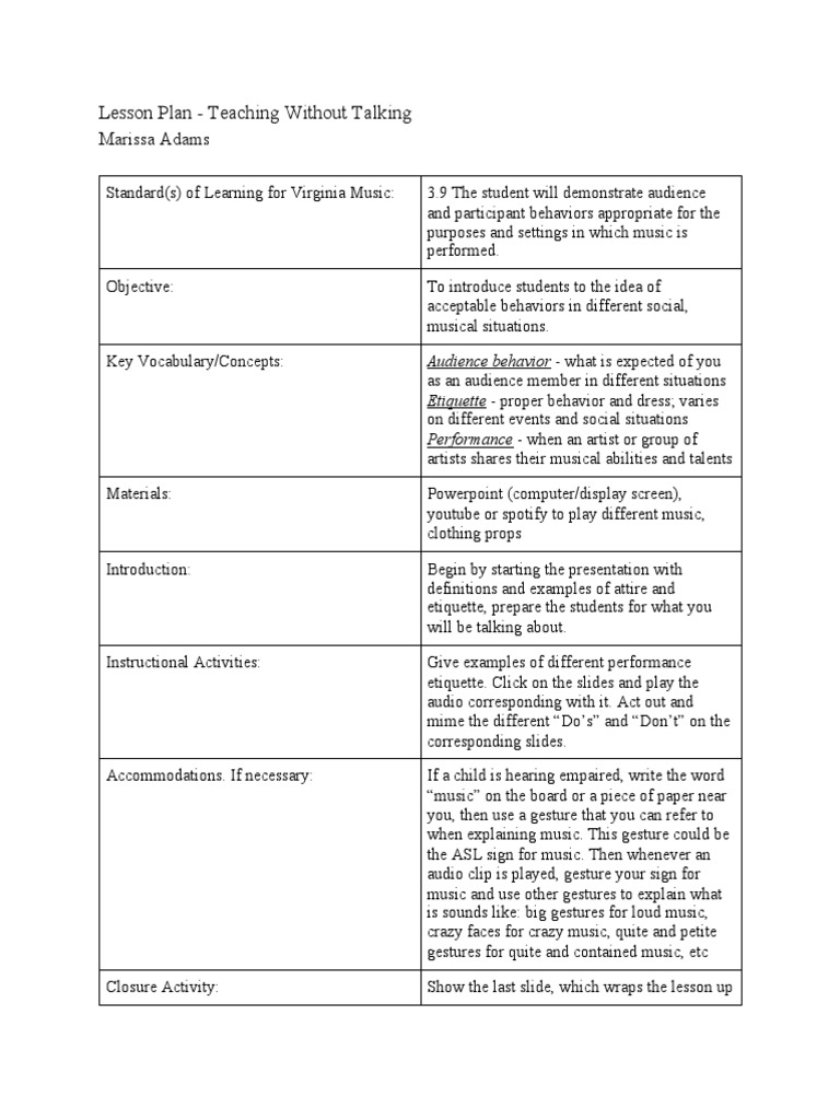 Music Etiquette for Students | PDF | Gesture | Lesson Plan