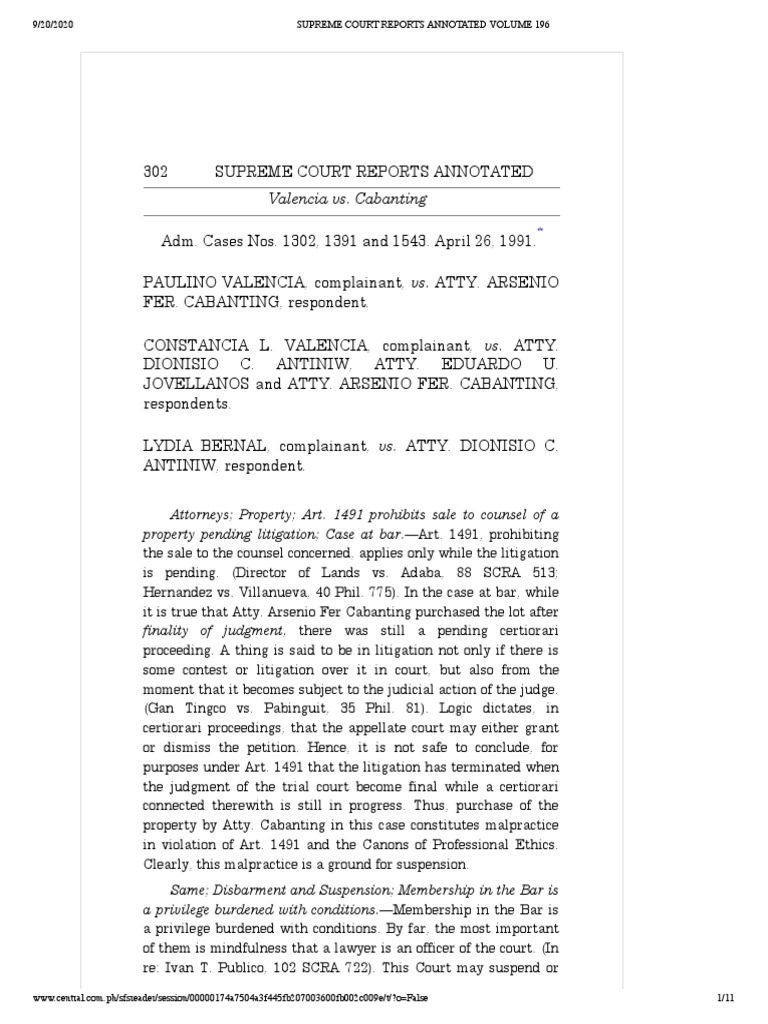 Valencia vs. Cabanting (Adm. Cases Nos. 1302, 1391 and 1543) | PDF ...