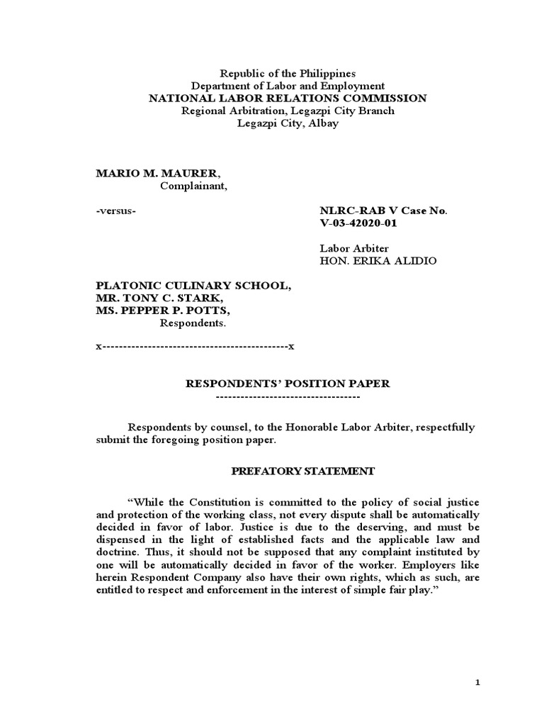 NLRC Case-Position Paper | PDF | Employment | Arbitration