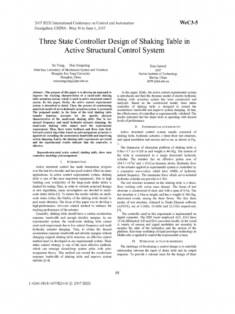 Three State Controller Design of Shaking Table in Active Structural Control System | PDF ...