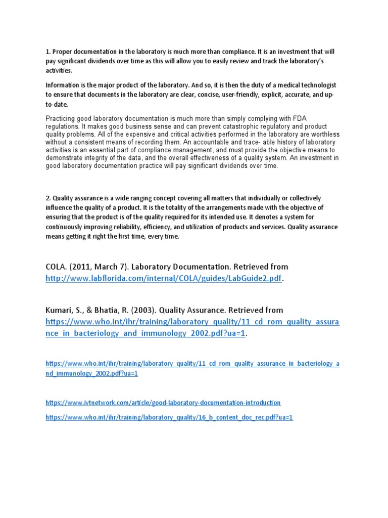 COLA. (2011, March 7) - Laboratory Documentation. Retrieved From | PDF ...