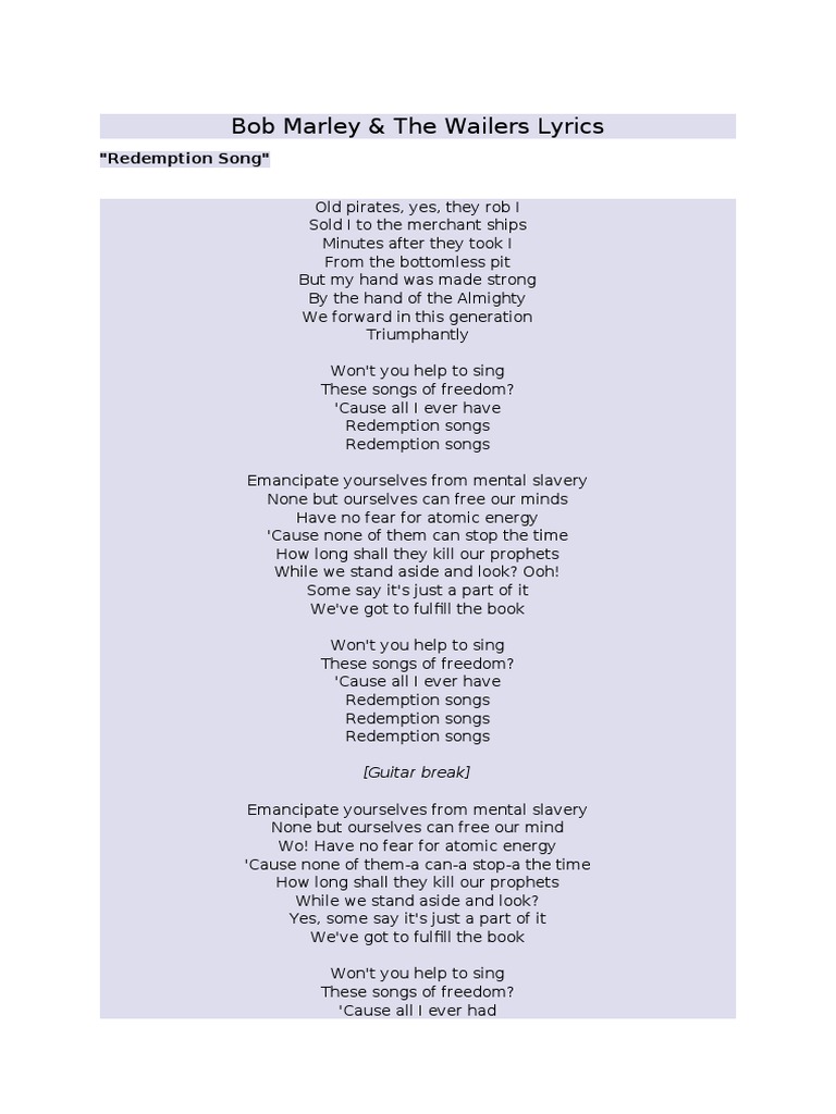 Bob Marley & The Wailers Lyrics: "Redemption Song" | PDF
