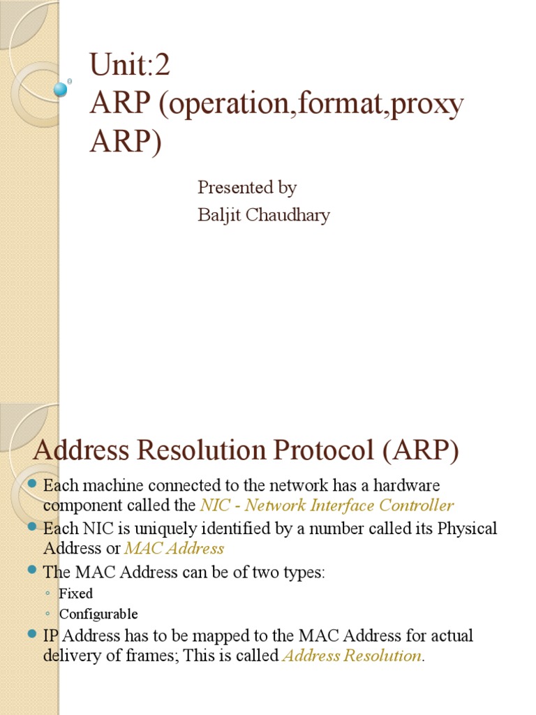 Unit:2 ARP (Operation, Format, Proxy Arp) : Presented by Baljit ...