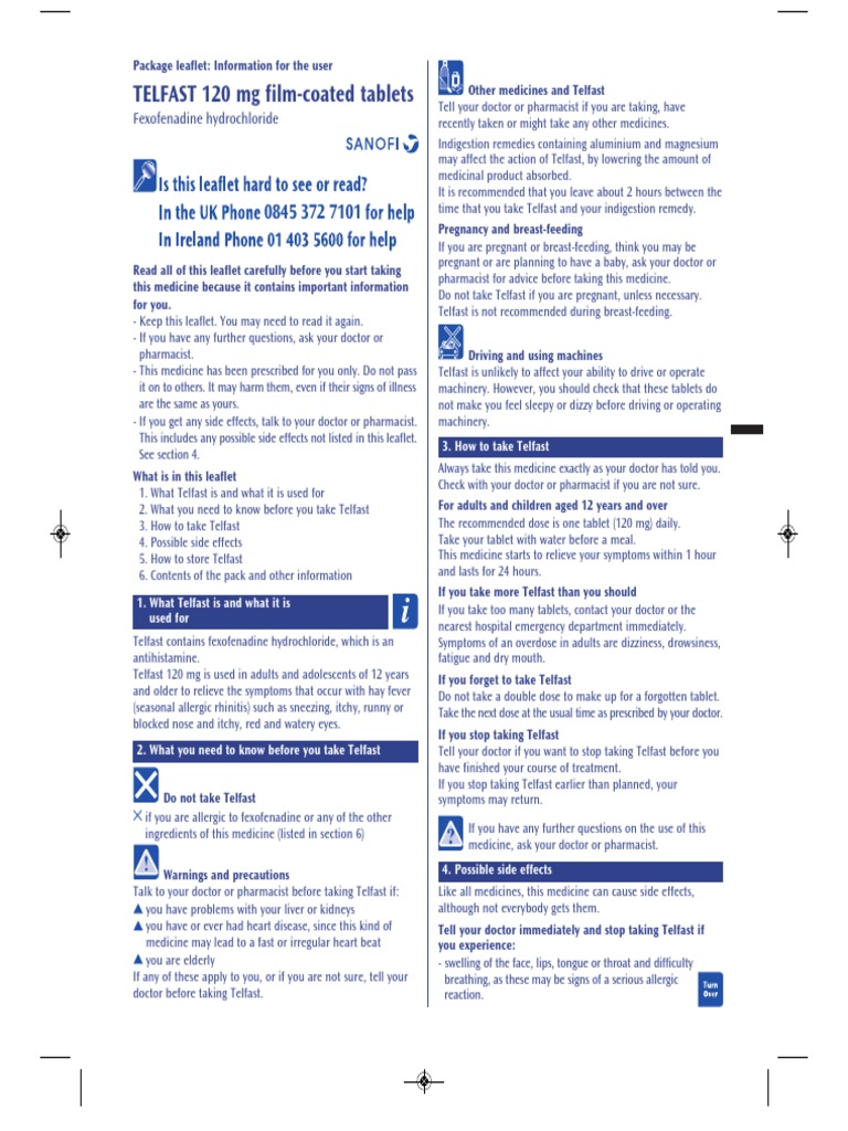 TELFAST 120 MG Film-Coated Tablets: Fexofenadine Hydrochloride | PDF ...