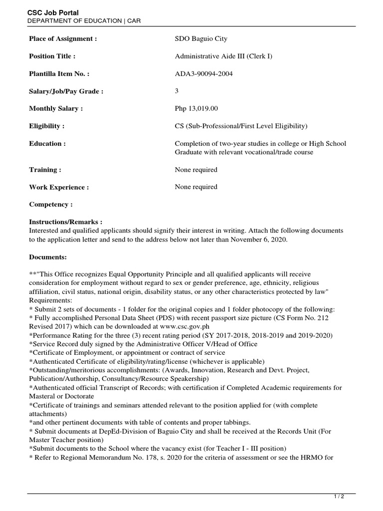 Place of Assignment: Position Title: Plantilla Item No.: Salary/Job/Pay ...