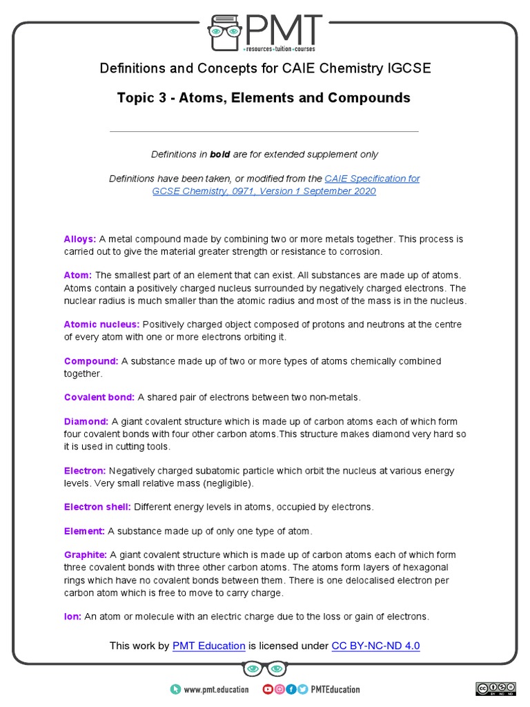 Definitions - Topic 3 Atoms Elements and Compounds - CAIE Chemistry IGCSE | PDF | Atoms ...