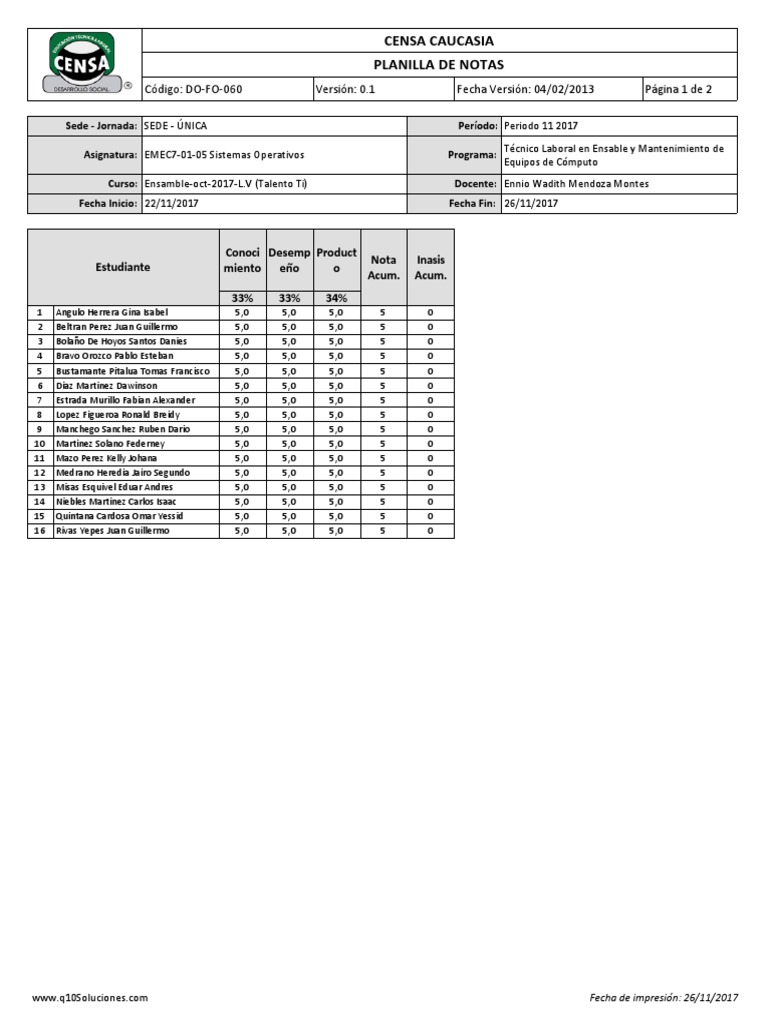 Planilla Notas Finales | PDF