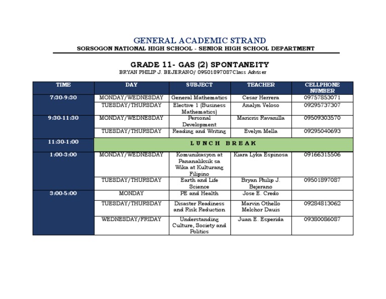 Grade 11 GAS Subjects Schedule | PDF