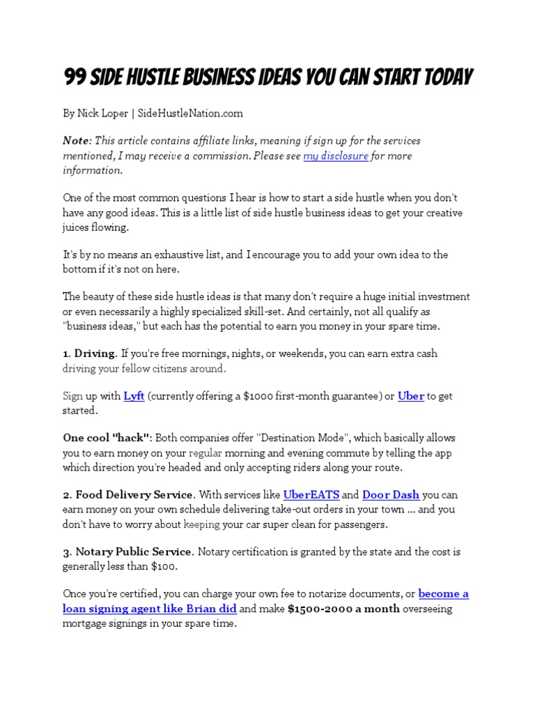 99 Side Hustle Business Ideas You Can Start Today PDF | PDF | Multi ...