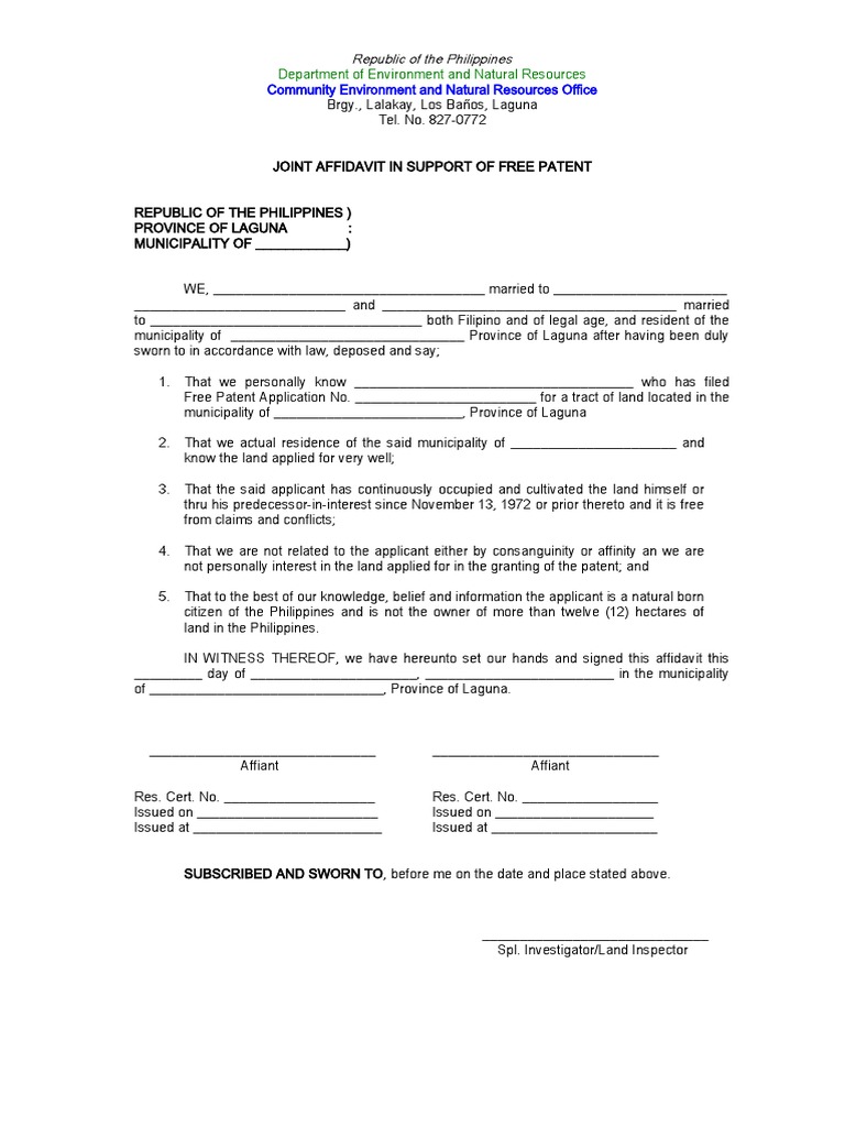 Philippines Land Patent Affidavit Support | PDF | Affidavit ...