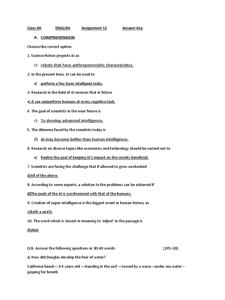 XII ENGLISH Assignment 12 Answer Key | PDF | Artificial Intelligence ...