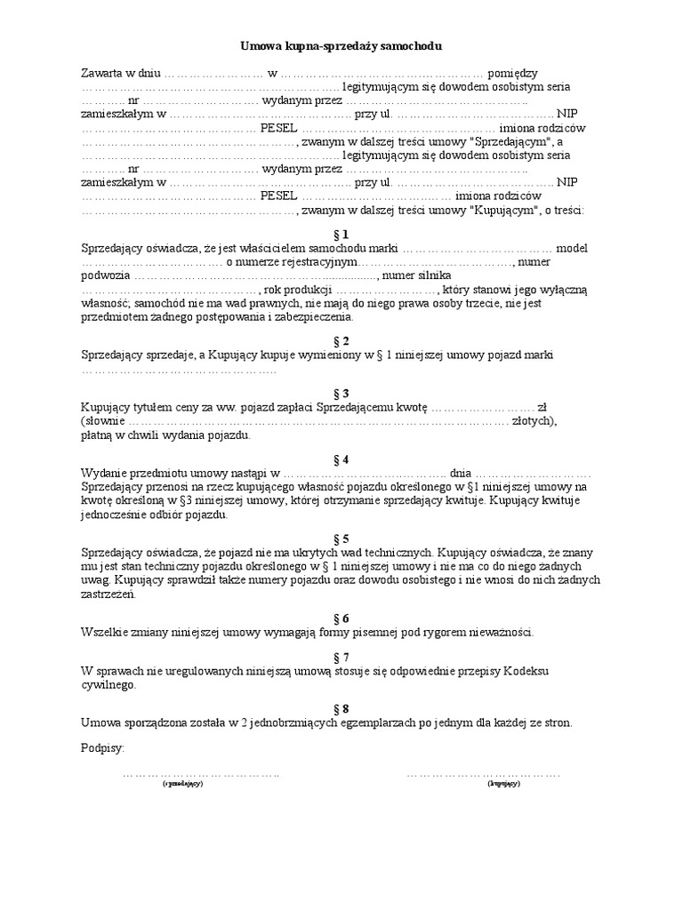 Umowa Kupna Sprzedazy Samochodu | PDF