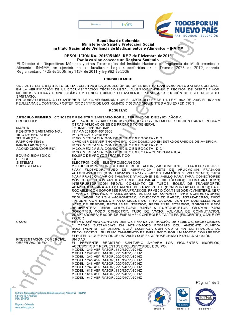 Invima Aspirador de Secreciones Thomas 1630-1630 GL | Descargar gratis PDF | Cuidado de salud ...