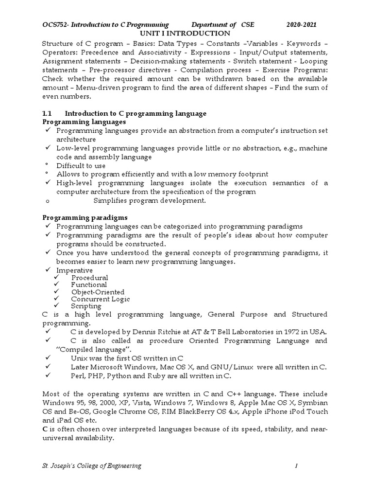 Unit 1 | PDF | Programming Language | Computer Programming