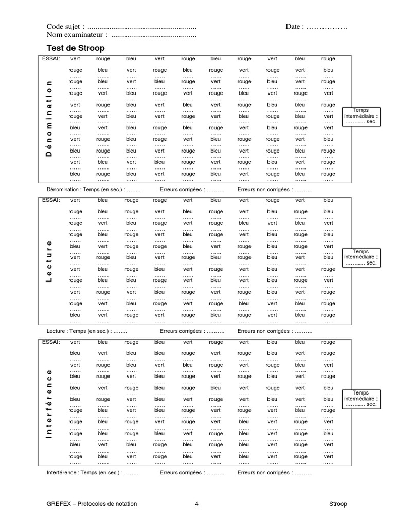 Stroop Grefex Feuille Cotation | PDF