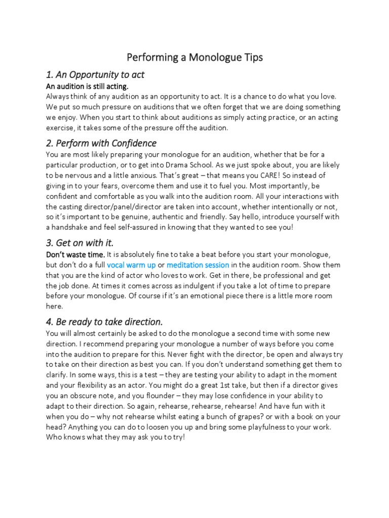 Performing A Monologue Tips | PDF | Audition