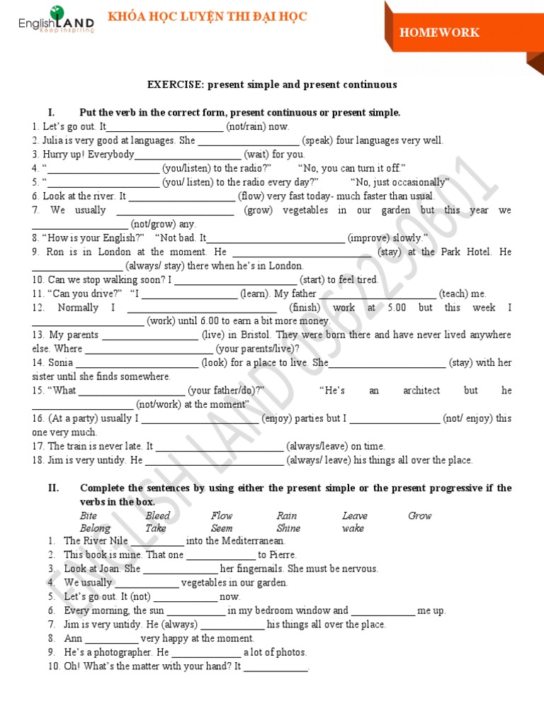 E02 - Unit 1 - BT NG Pháp Present Simple and Present Continuous | PDF