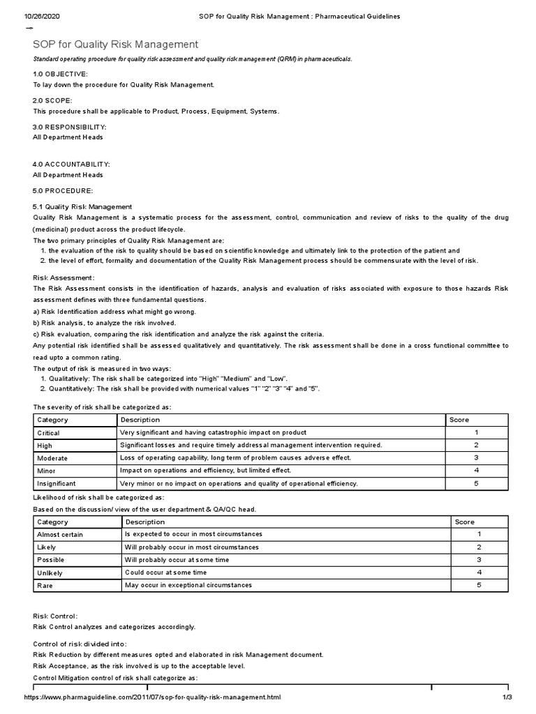SOP For Quality Risk Management - Pharmaceutical Guidelines | PDF ...