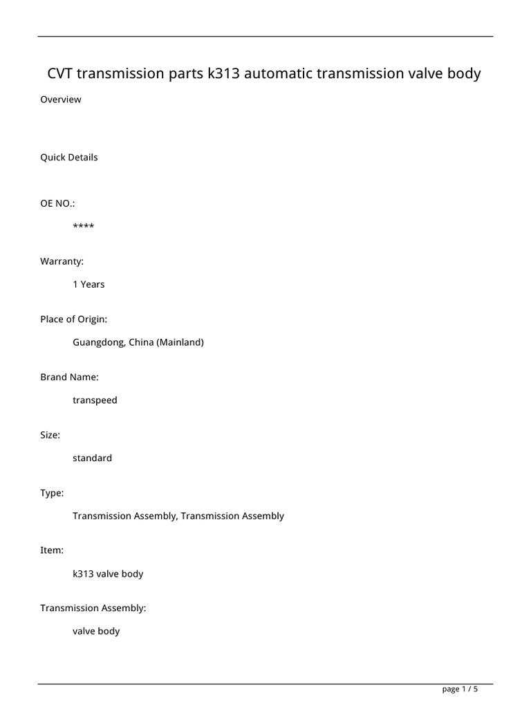 CVT Transmission Parts k313 Automatic Transmission Valve Body | PDF