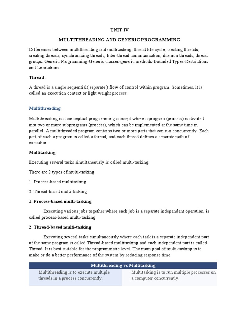 Unit Iv Multithreading And Generic Programming Pdf Process Computing Thread Computing
