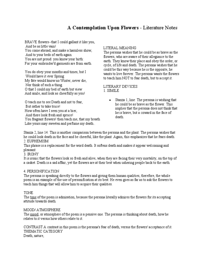A Contemplation Upon Flowers - Literature Notes | PDF | Poetry