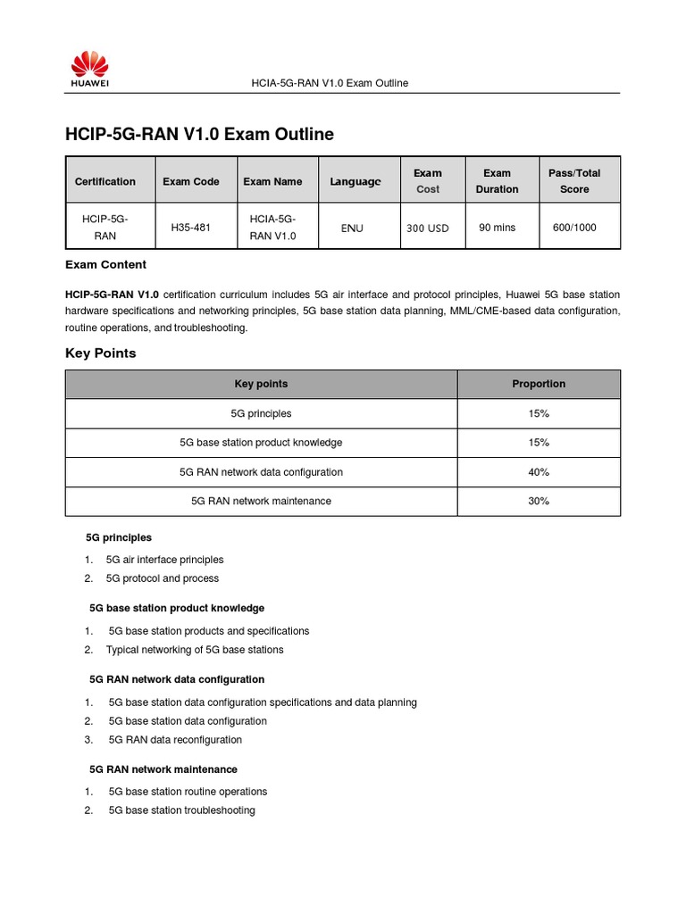 HCIP-5G-RAN V1.0 Exam Outline | PDF | Base Station | Networks