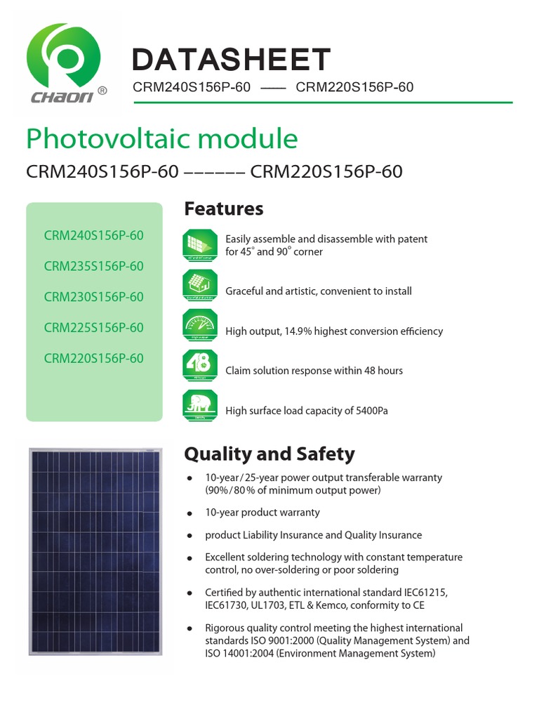 Datasheet: Photovoltaic Module | PDF | Solar Panel | Photovoltaics