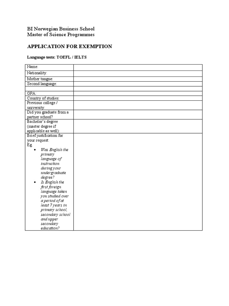 Language Test Exemption Application Form | PDF