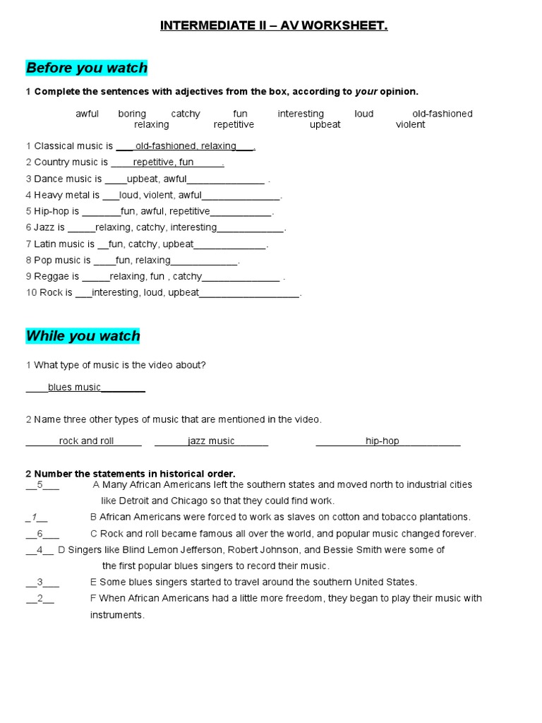 Intermediate Ii - Av Worksheet | PDF | Blues | Sound