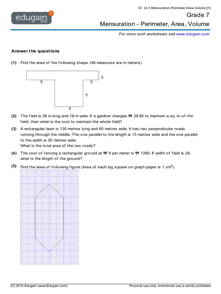 Grade 7 Mensuration - Perimeter, Area, Volume: Answer The Questions ...