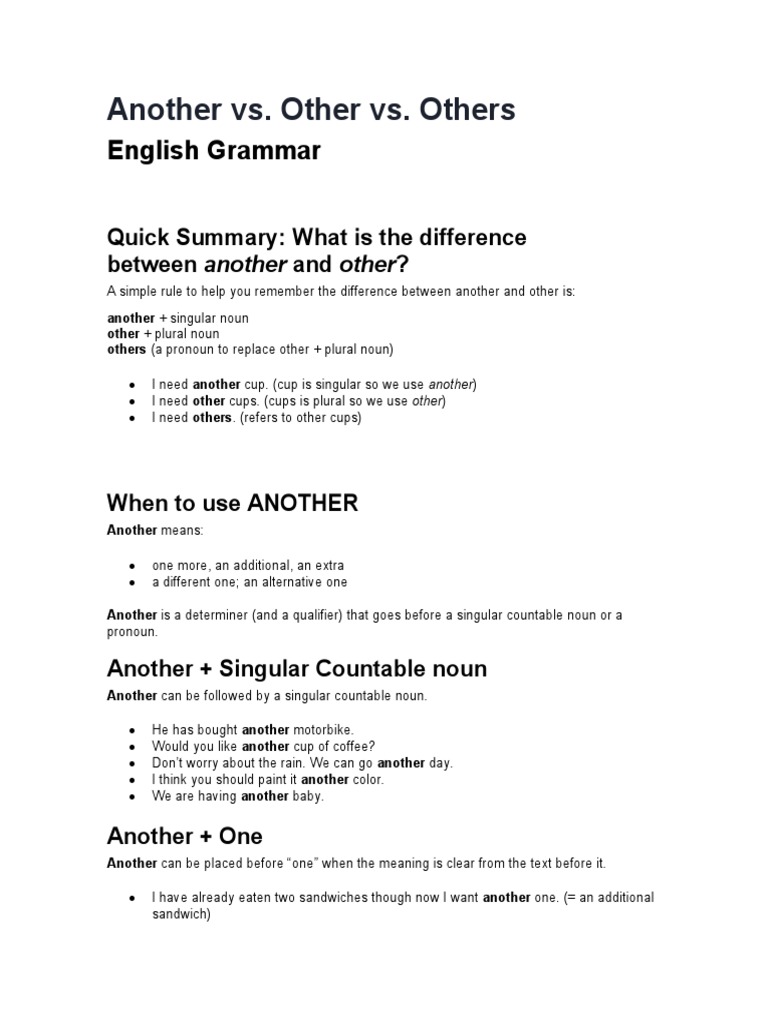 Another vs. Other vs. Others: English Grammar | PDF | Plural ...