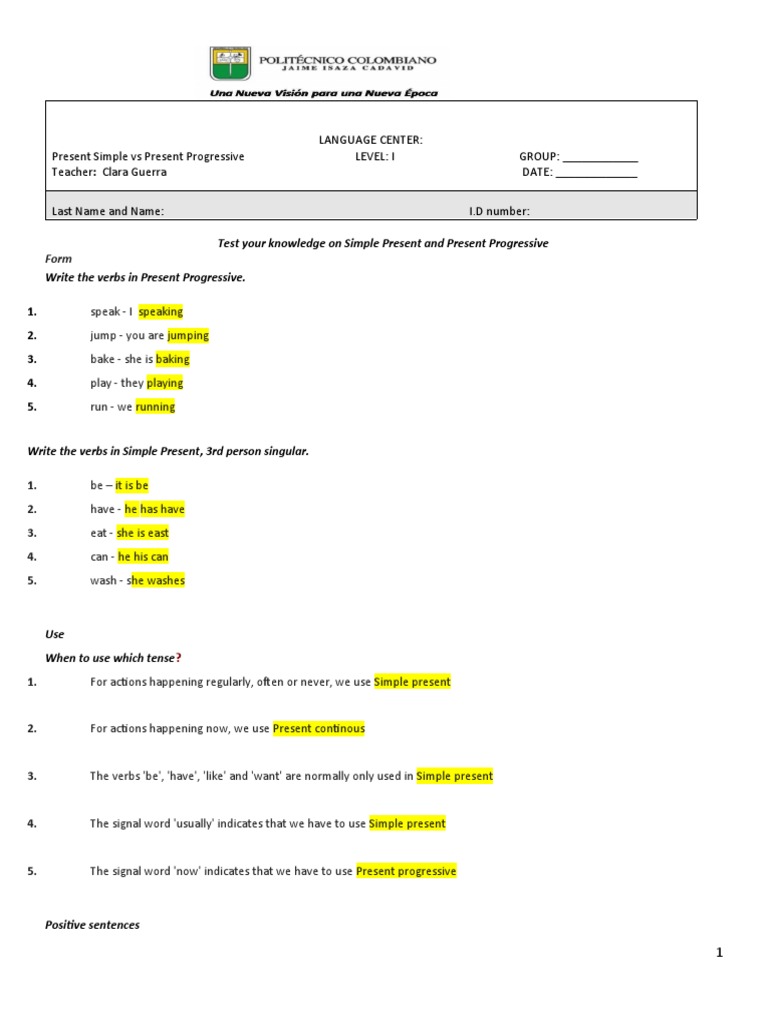 Test Your Knowledge On Simple Present and Present Progressive Write The ...
