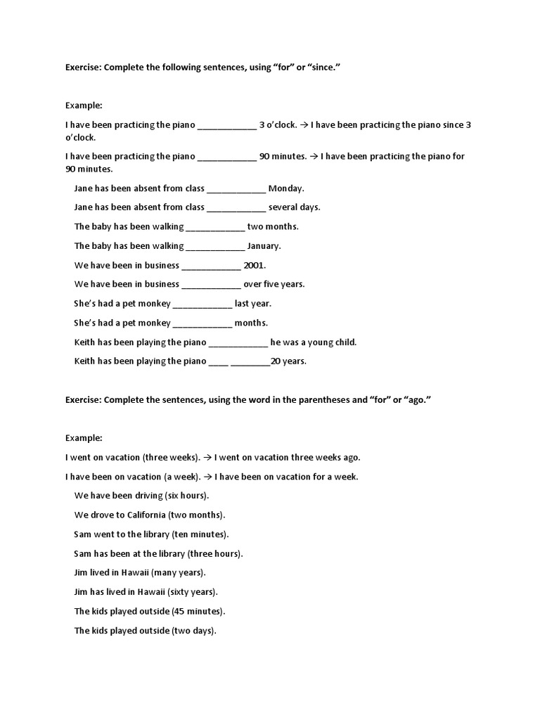 Exercise: Complete The Following Sentences, Using "For" or "Since." | PDF