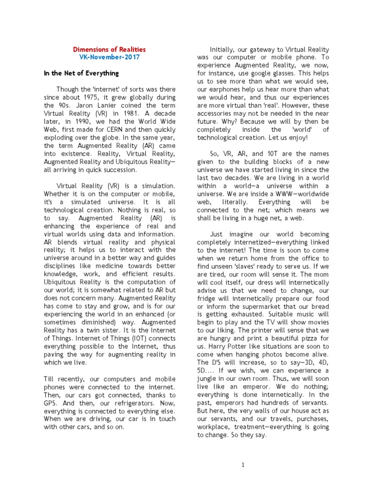 Dimensions of Realities | PDF | Virtual Reality | Augmented Reality