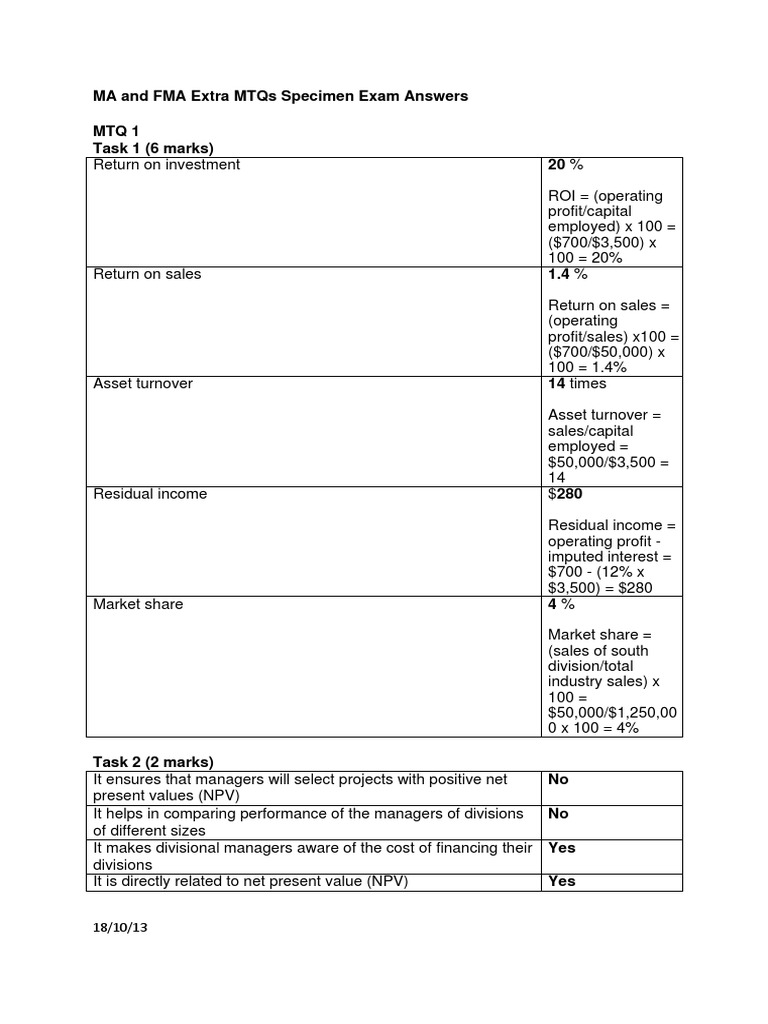 MA and FMA Extra MTQs Exam Answers PDF | PDF | Return On Investment ...