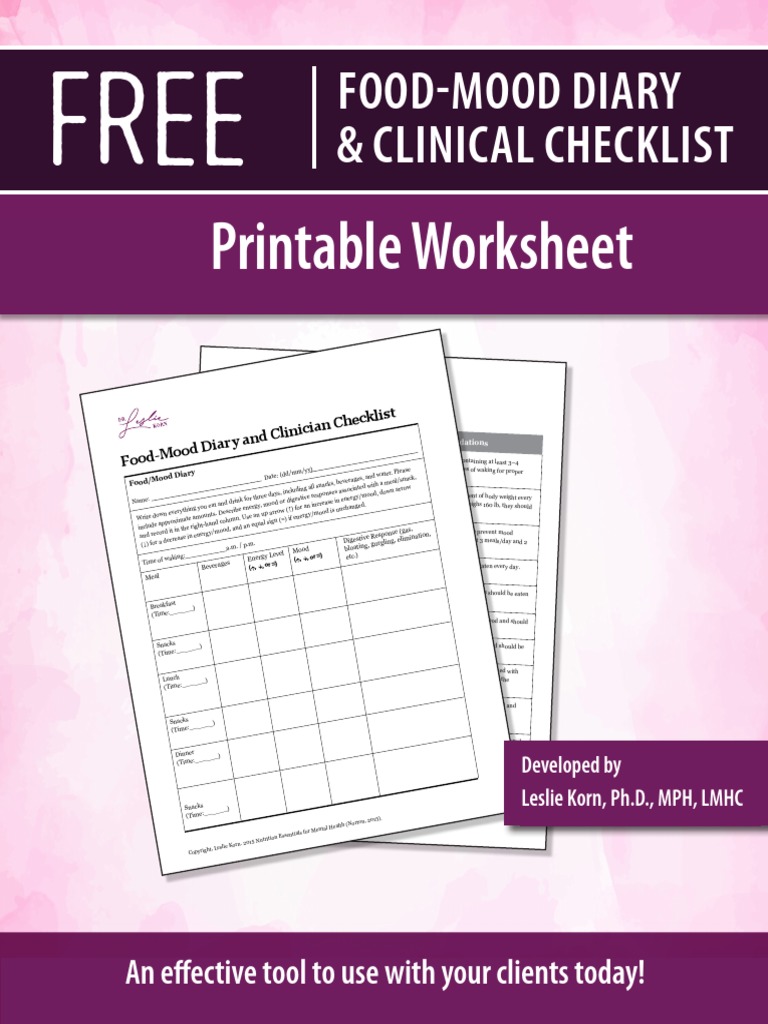 Printable Worksheet: Food-Mood Diary & Clinical Checklist | PDF ...
