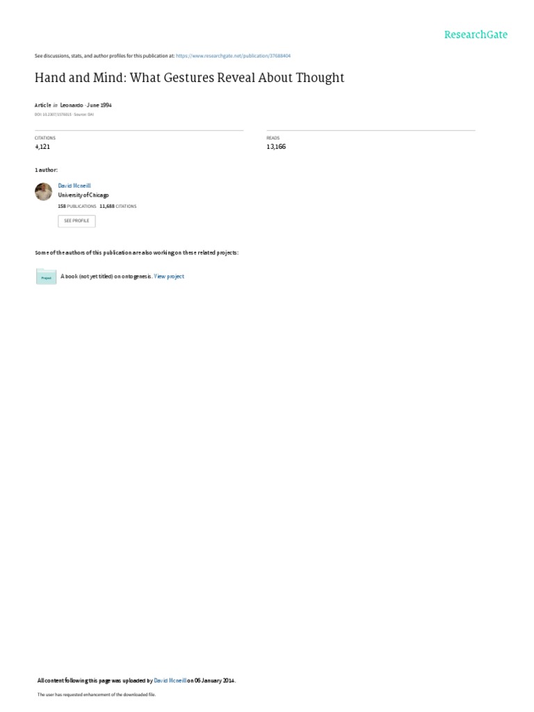 Hand And Mind What Gestures Reveal About Thought Leonardo June 1994 Pdf