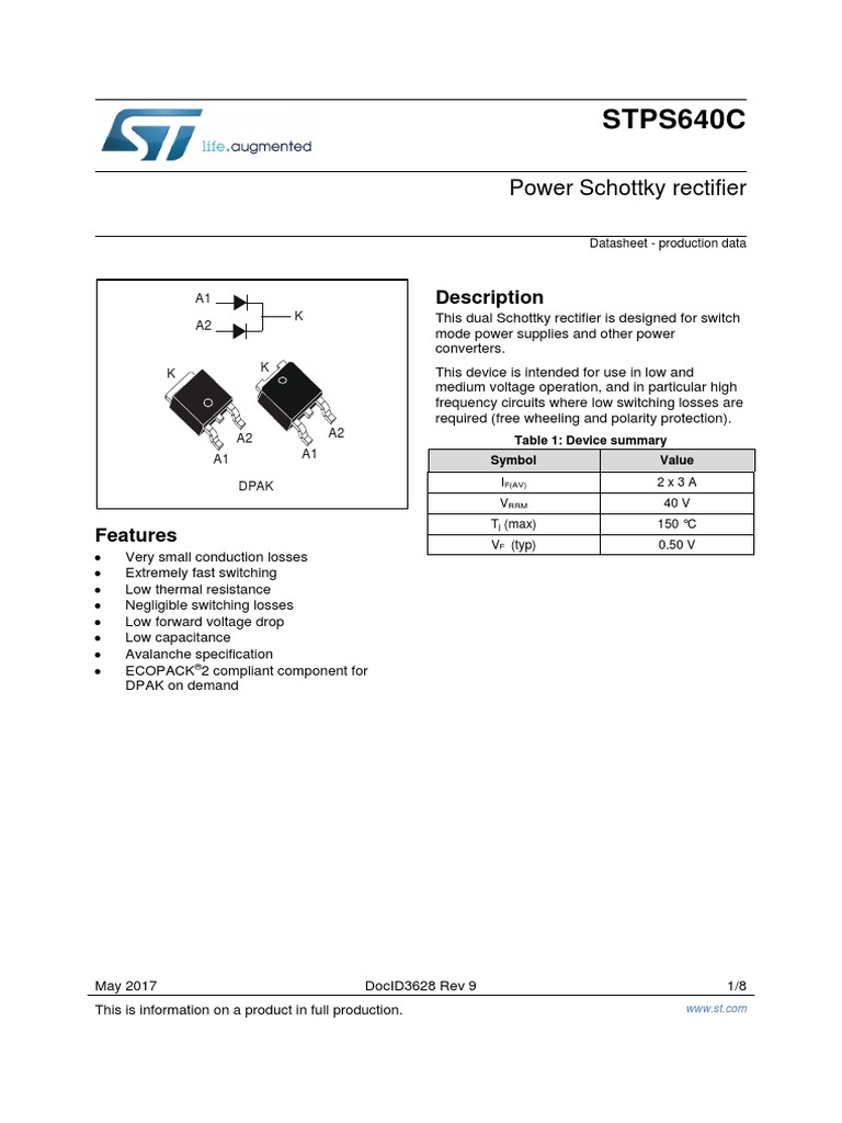 STPS640C: Power Schottky Rectifier | PDF | Diode | Rectifier