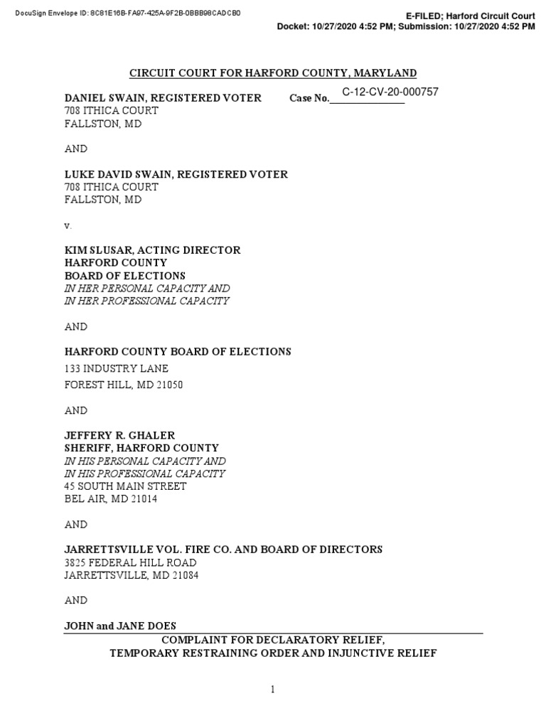 Daniel Swain, Et Al. vs. Kim Slusar, Et Al. | PDF | Elections | Injunction Daniel Swain, Et Al. vs. Kim Slusar, Et Al. | PDF | Elections | Injunction