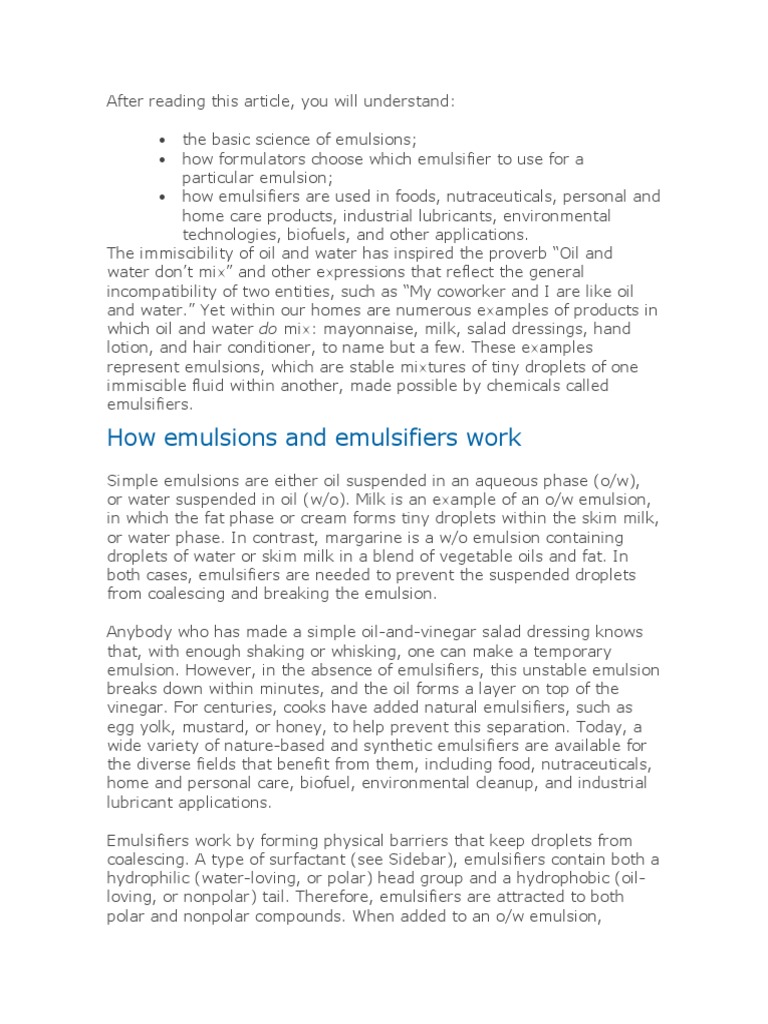 How Emulsions and Emulsifiers Work | PDF | Emulsion | Chemical Polarity