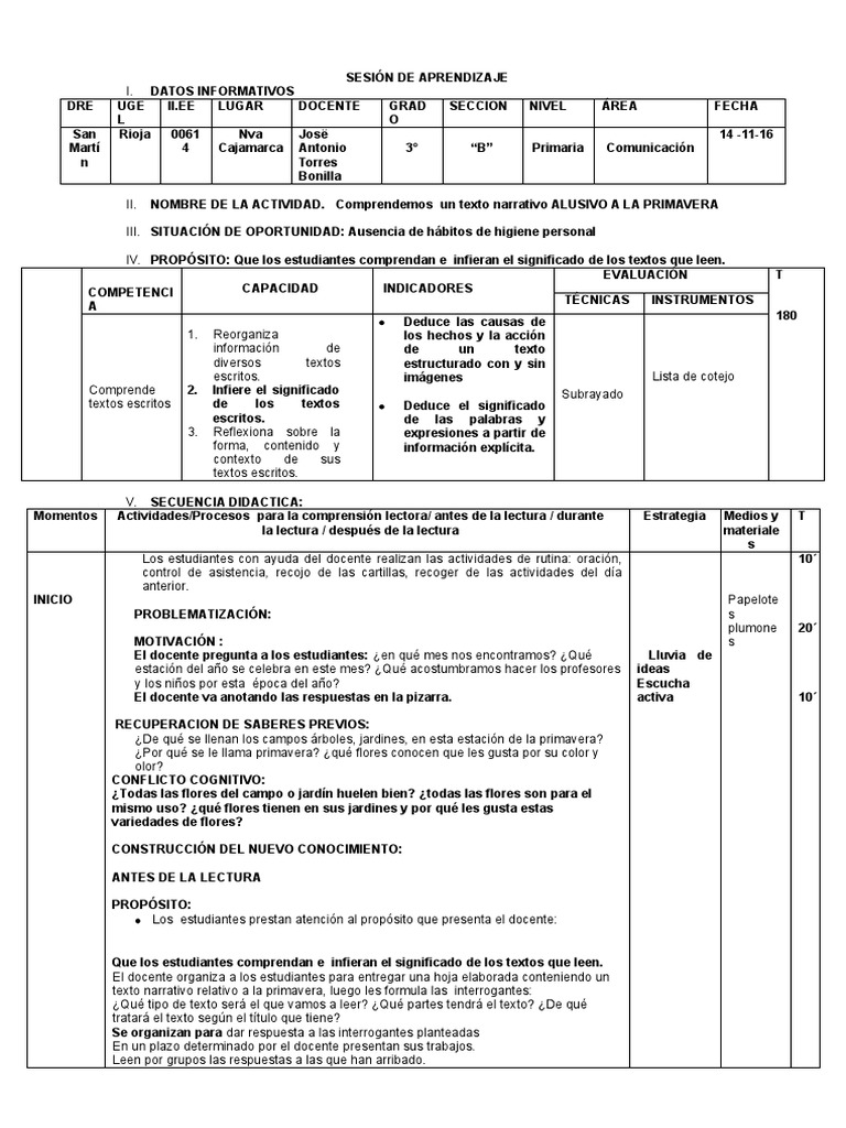Comprensión de Textos La Primavera | PDF | Comprensión lectora | Cognición
