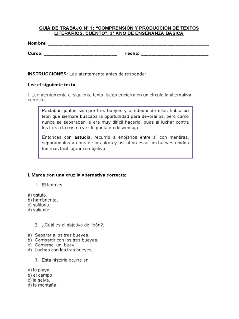 27 Al 01 Mayo. 3ro Basico. GUIA - 1 - COMPRENSION - DE - TEXTOS - LITERARIOS - CUENTO | PDF ...