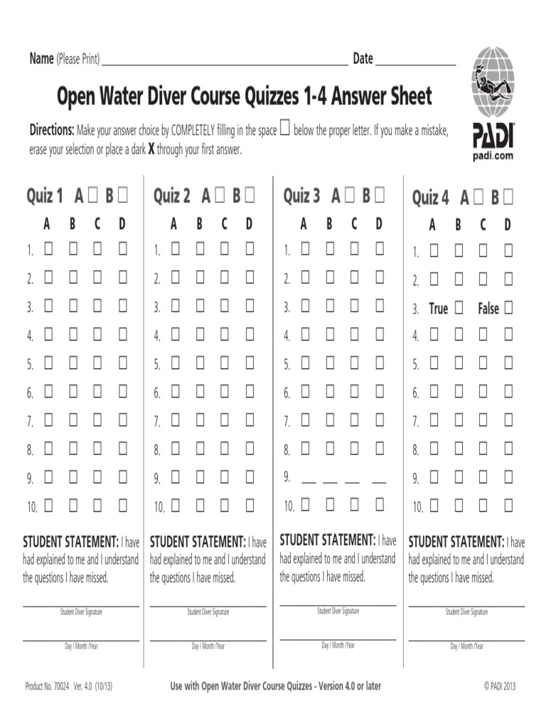 Open Water Quick Quiz Blank Sheet | PDF | Underwater Diving | Leisure