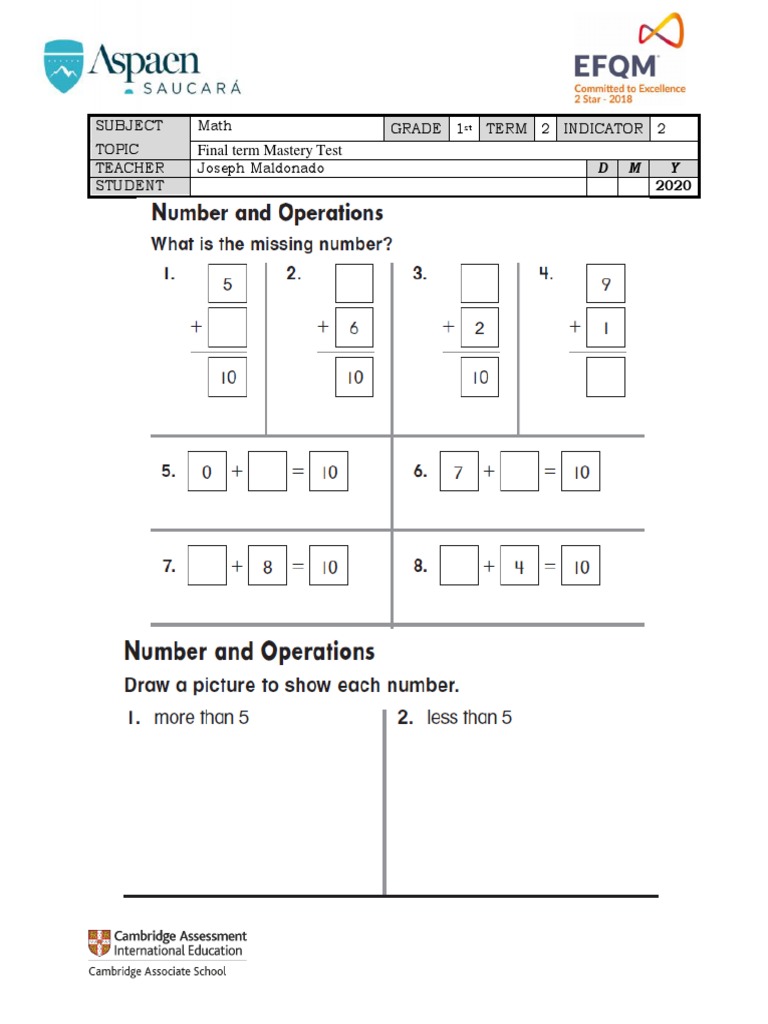 Final Term Mastery Test: Subject Math Grade 1 Term 2 Indicator 2 Topic ...