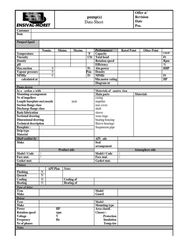 Pump Data Sheet and Specifications | PDF | Pump | Mechanical Engineering