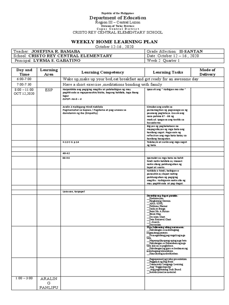 GRADE 2 Weekly Home Learning Plan Week 2 | PDF